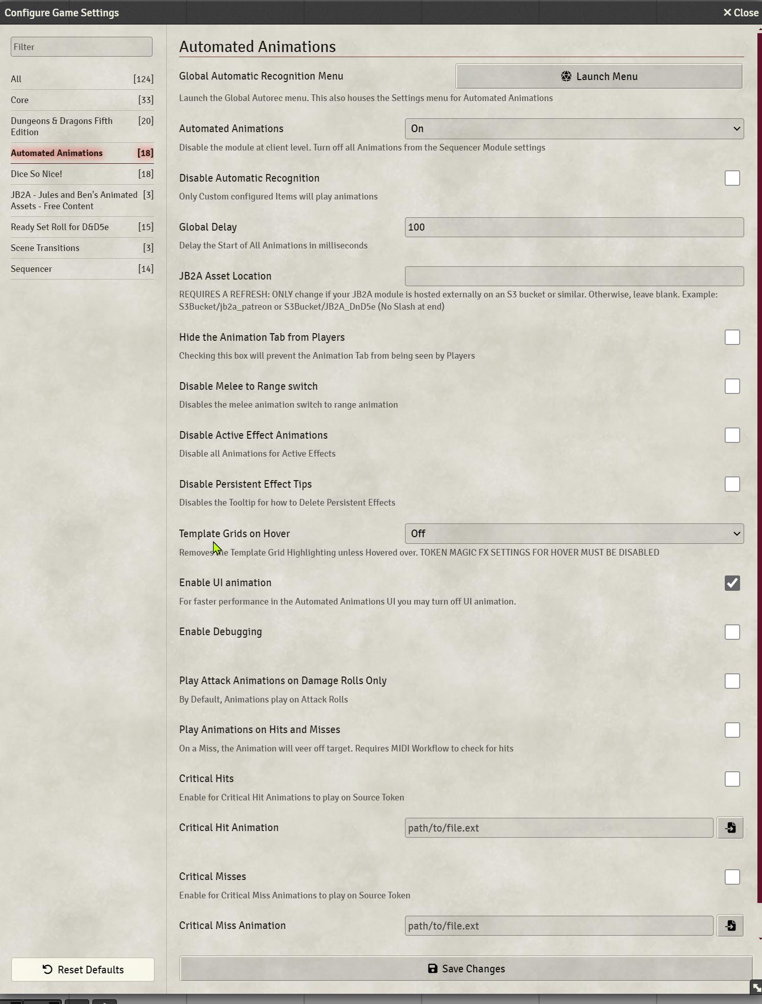 Automated Animations Settings - GM Wintermute